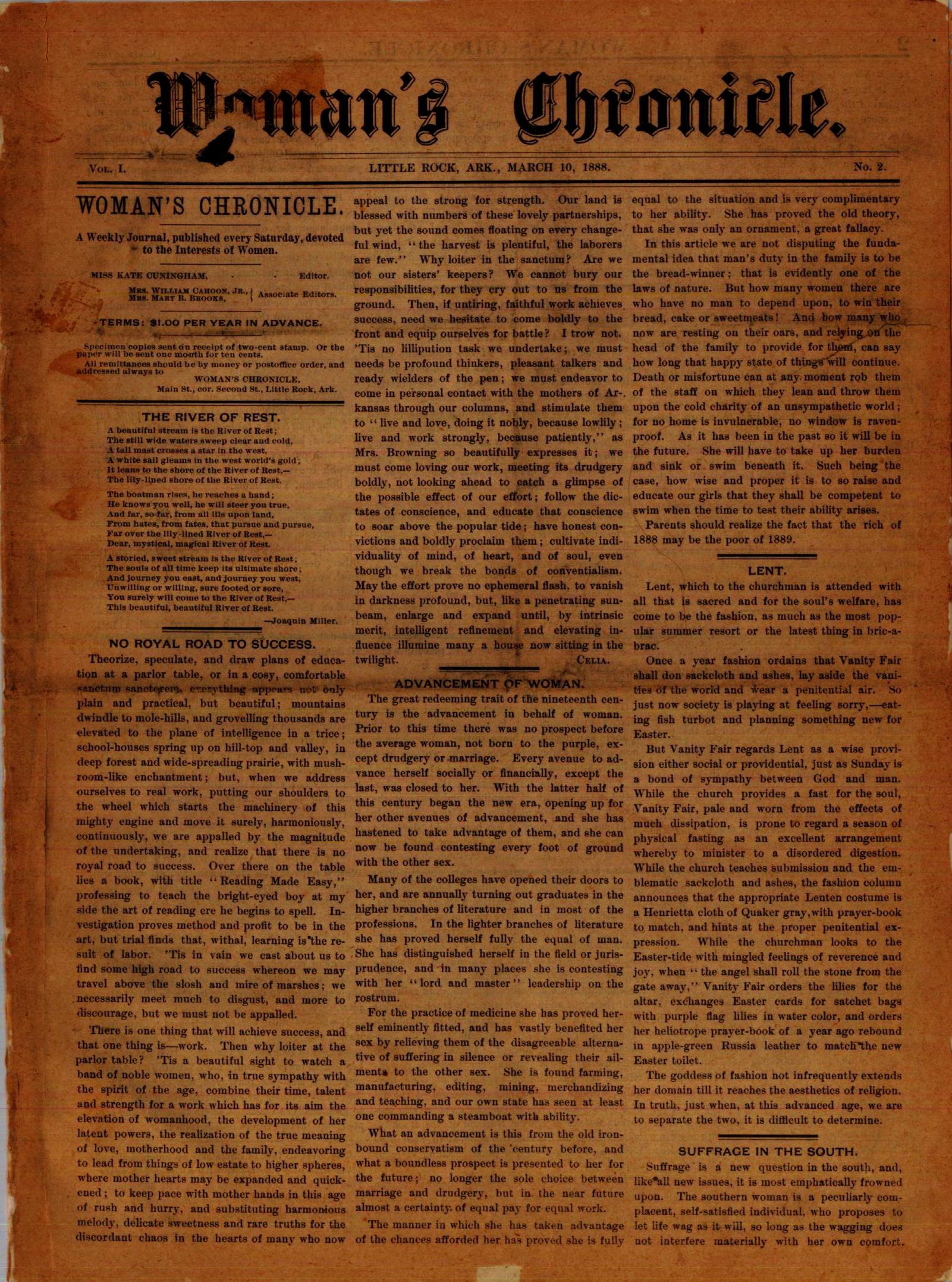 'Woman's Chronicle' takes stand for suffrage